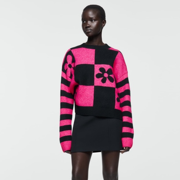 Zara | Sweaters | Zara Pink Black Floral Jacquard Knit Sweater | Poshmark